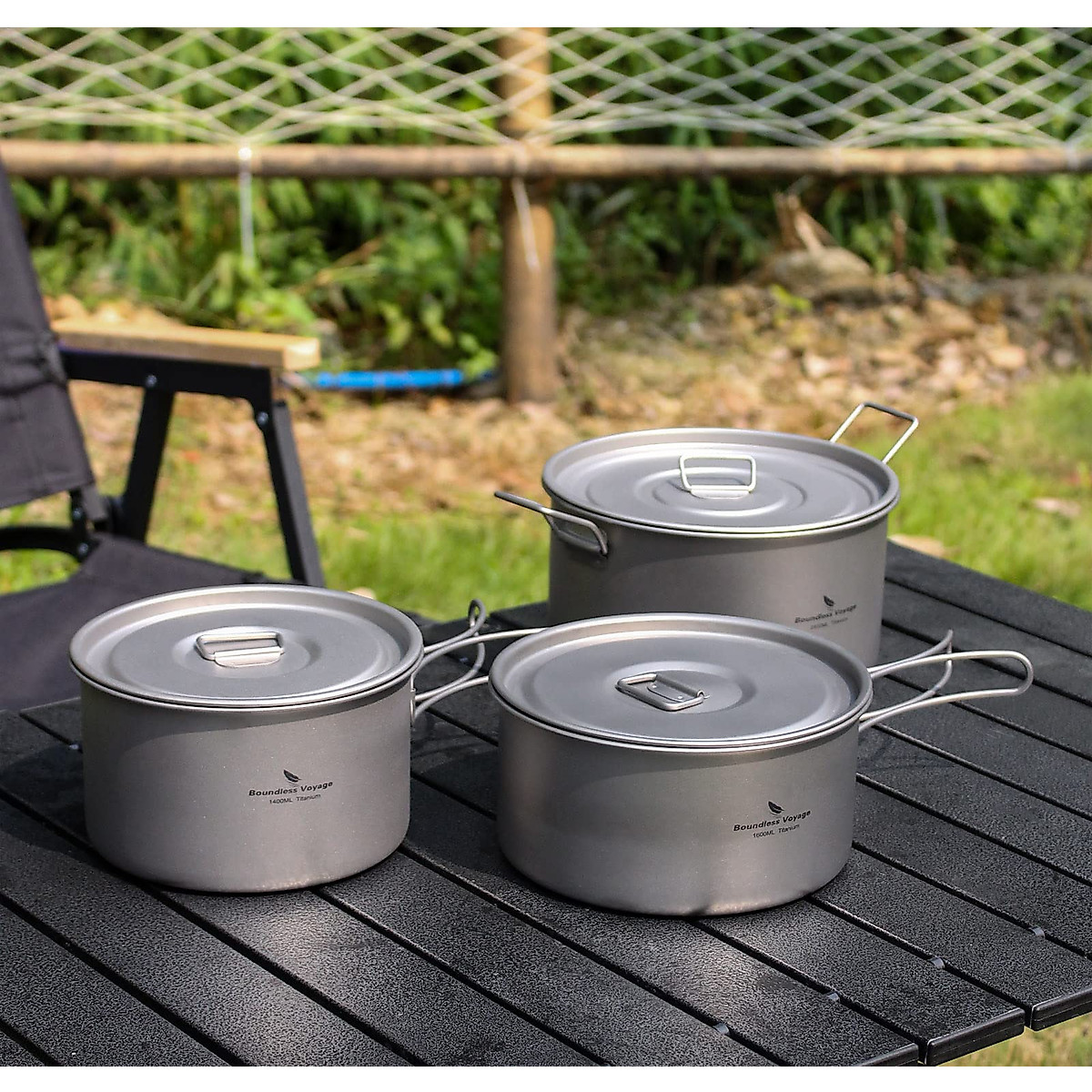 Boundless Voyage Titanium Pot Portable Camping Cookware Lightweight Cooking Pot Set for Outdoor Cooking Traveling Backpacking Hiking Trekking Picnic (3 Pcs Set)