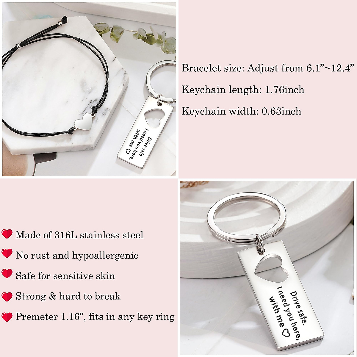 Tarsus Drive Safe Keychain Boyfriend Gifts from Girlfriend Wife Matching Keychain Heart Bracelet Set Gifts for Couples Him Husband Men Fathers Day Valentines Day