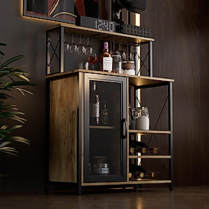 SunsGrove Wine Bar Cabinet with Removable Wine Rack, Coffee Bar Cabinet with Glass Holder, 3 Adjustable Open Shelves, Small Sideboard and Buffet Cabinet with Mesh Door, Wood Color