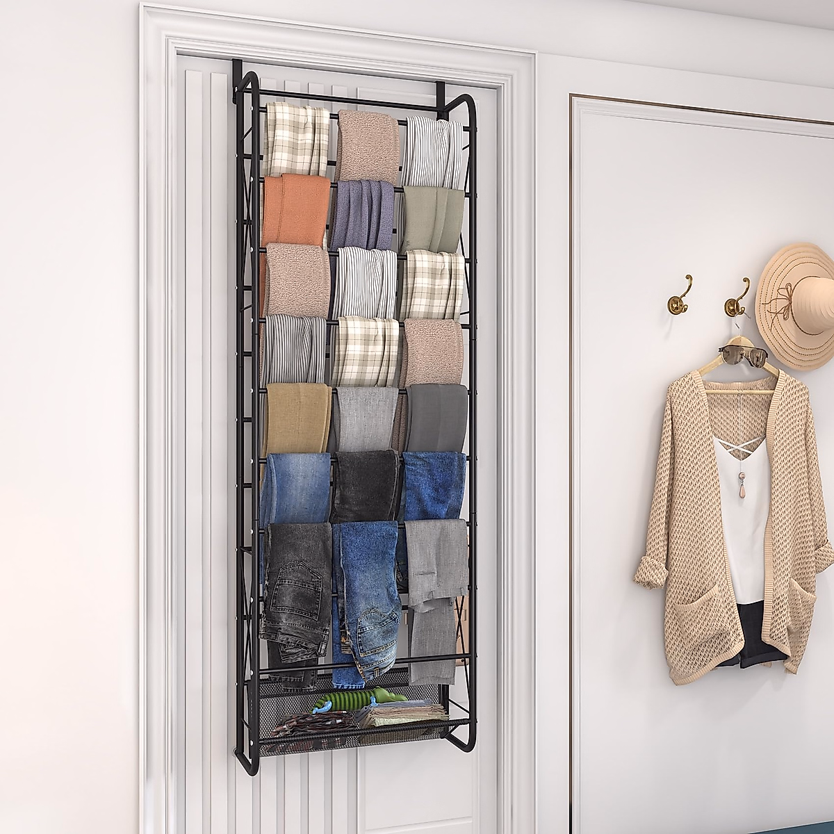 JSB 10 Tier Shoe rack Mesh fabric Over The Door Shoe Organizer X-structure Trouser hangers Closet Pantry Hanging Shoe Clothes Toys Storage Shelves (Black, 10 Tier)