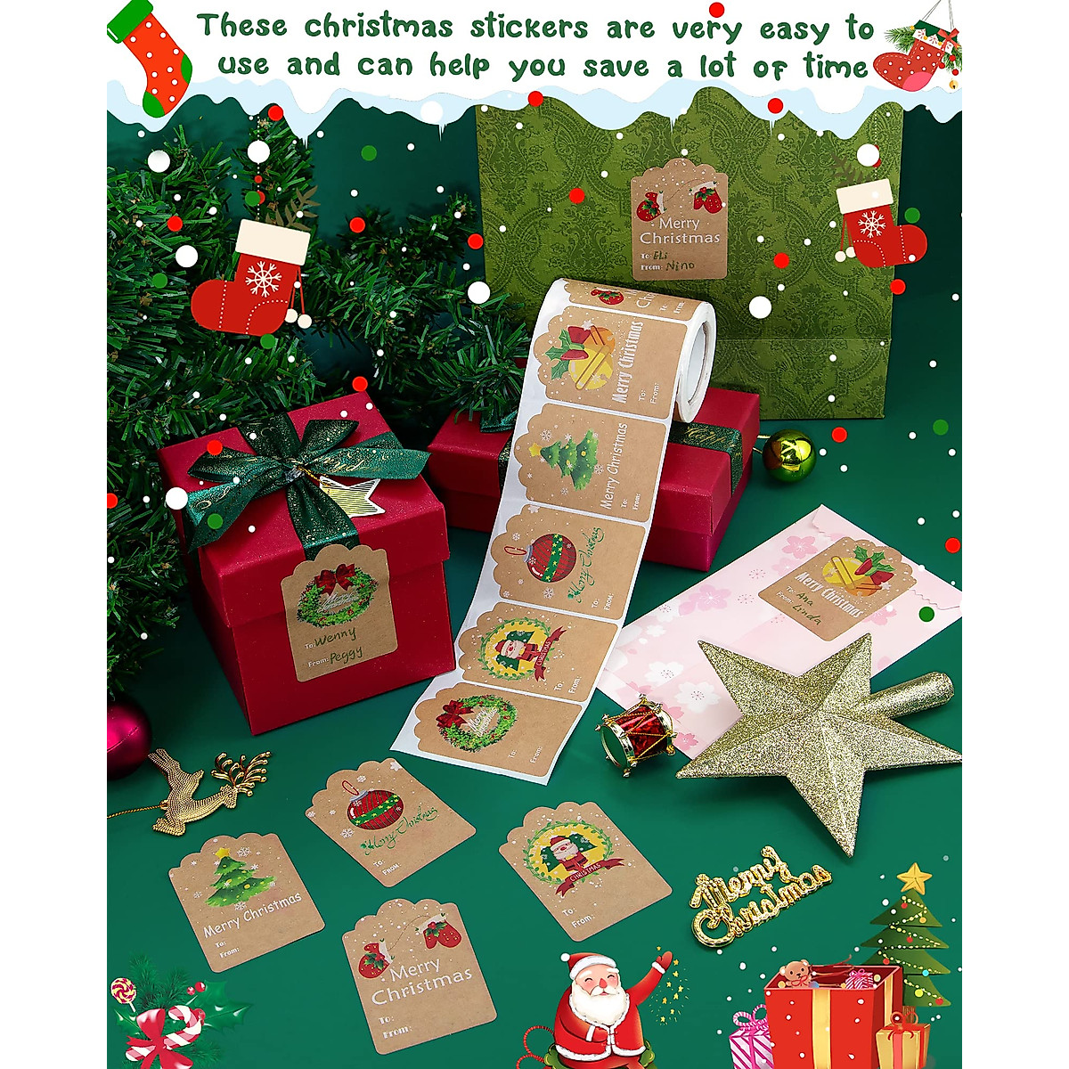 Christmas Gift Tag Stickers Christmas Gifts Name Tags Merry Christmas Tag Stickers 200 Pieces Kraft Self Adhesive Labels Xmas Gift Stickers Holiday Tag
