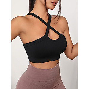 COZYEASE Women's Criss Cross Ribbed Knit Sports Bra Seamless Crop Top Yoga Bras Black S