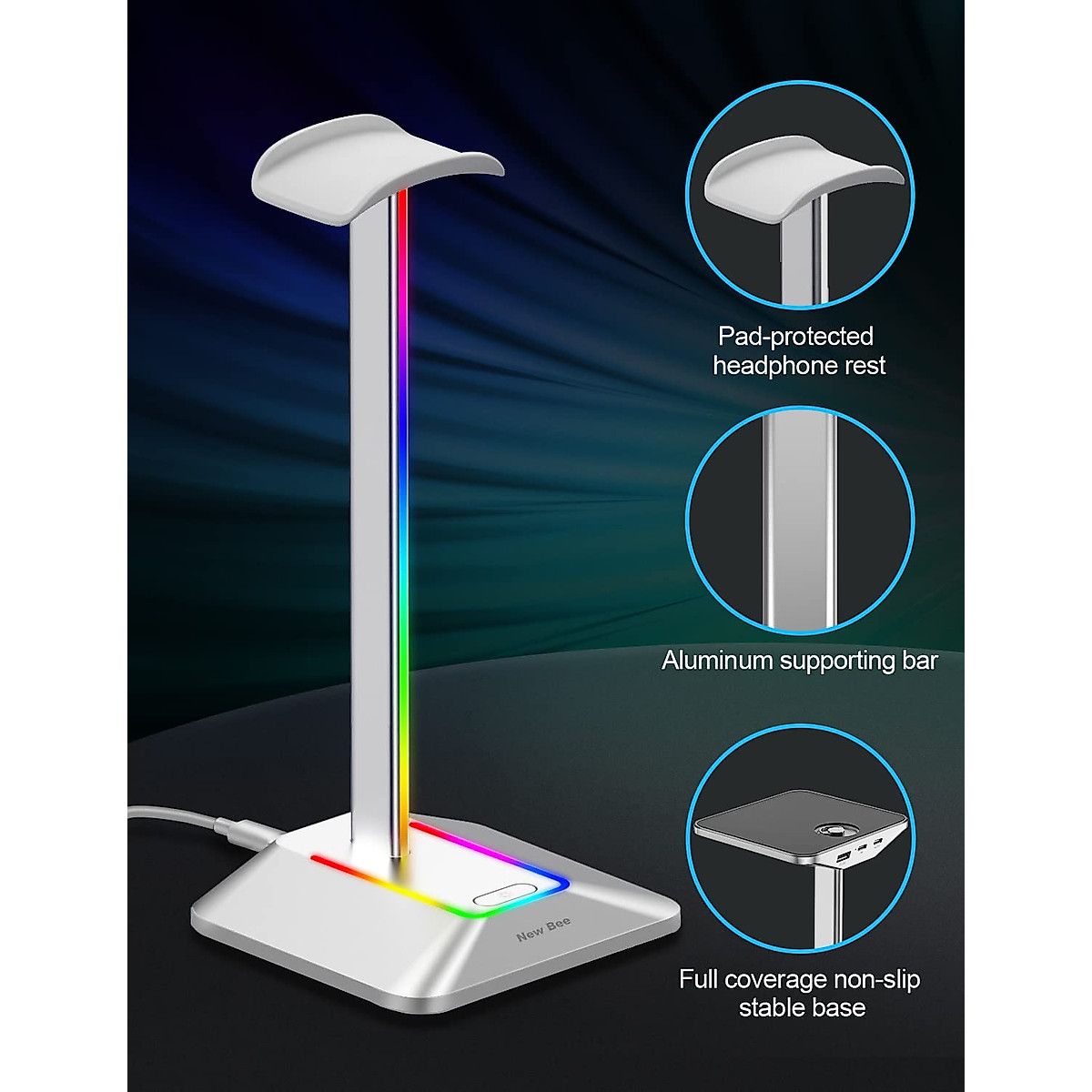 New bee RGB Headphone Stand with 1 USB-C Charging Port and 1 USB Charging Port, Desk Gaming Headset Stand with 7 Light Modes and Non-Slip Rubber Base Suitable for All Earphone Accessories (Silver)