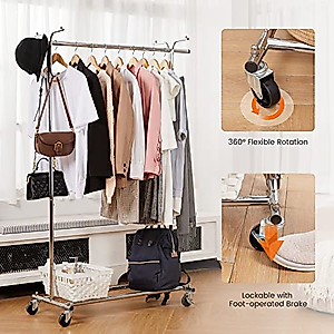 HOUSE AGAIN Adjustable 2-in-1 Heavy Duty Garment Rack & Coat Rack, 66" L, Rolling Clothes Rack with Lockable Wheels, Clothing Rack for Hanging Clothes, Commercial Grade, Freestanding, Chrome(Sliver)…