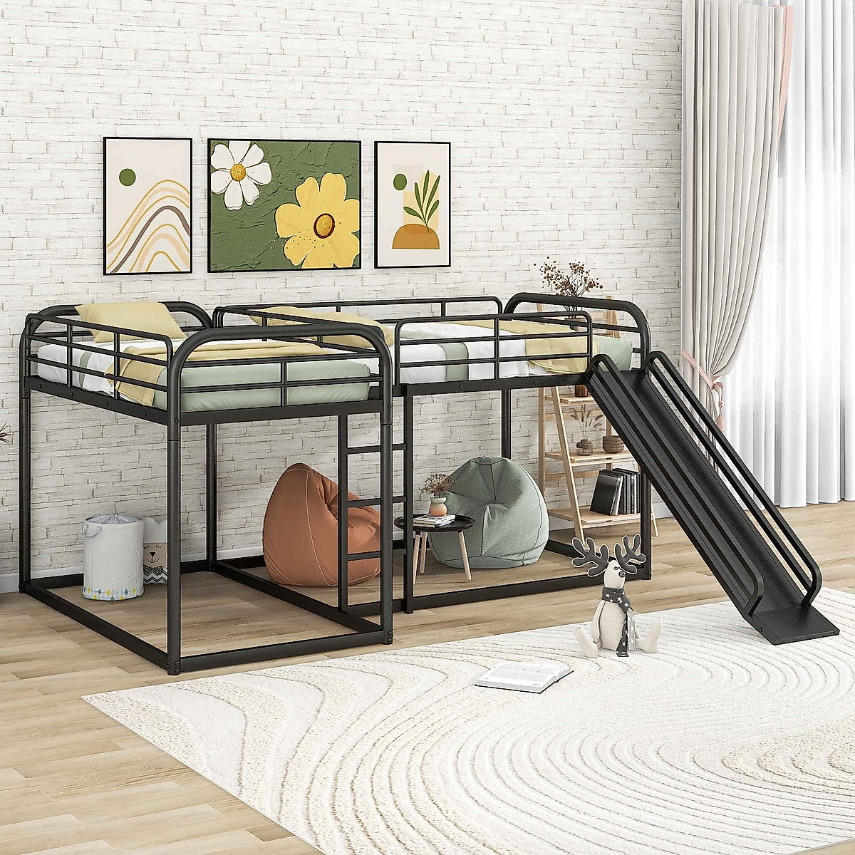 ATY L-Shaped Full and Twin Size Bunk Bed, Metal Bedframe w/Ladder & Slide, for 4 People, Bedroom, Dorm, Guestroom Supplies, Save Space Design, Black
