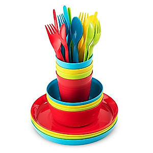 Plaskidy Kids Dinnerware Set for 4-24 Piece Plastic Childrens Dishes Dinnerware Sets Microwave/Dishwasher Safe BPA Free - Toddler Dinner Set Includes Kids Plates and Bowls Kids Cups Flatware Set