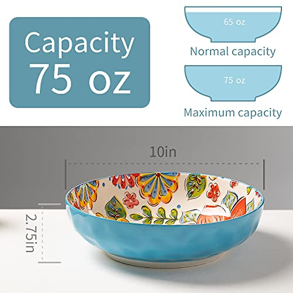 Serving Bowls Set Of 2,10 Inch Large Ceramic Salad Bowls 75 Oz, Pasta Sevring Bowl Fruit Salad Bowls,Serving Dishes for Entertaining,Microwave Safe