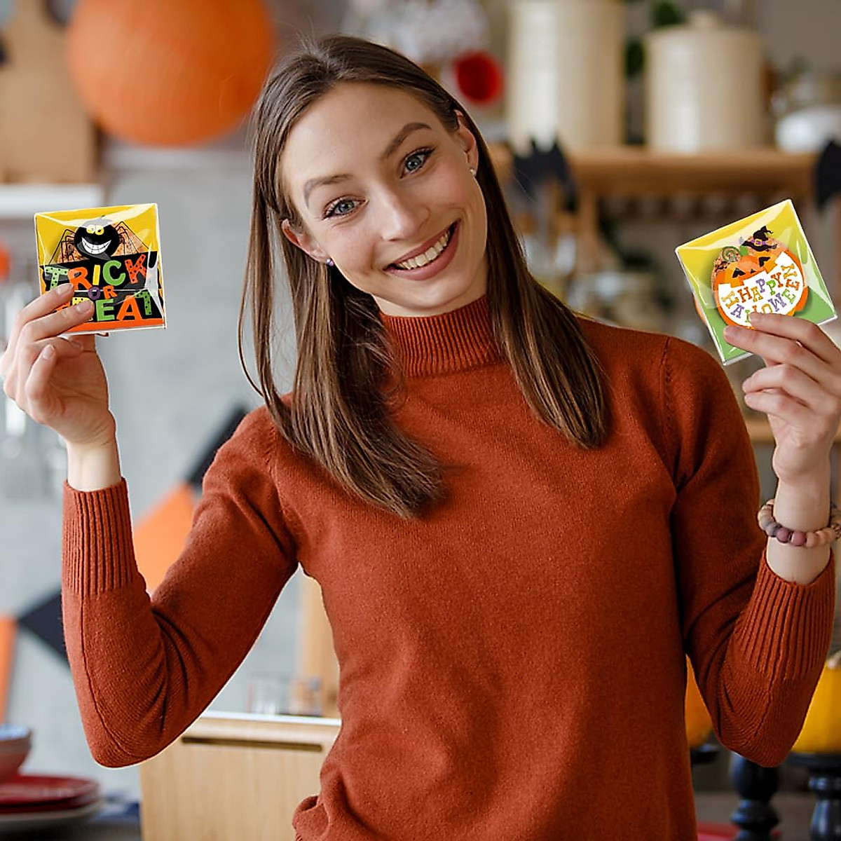 100 PCS Small Halloween Cellophane Treat Bags,Halloween Clear Self Adhesive Candy Bags,Halloween Plastic Cookie Bags for Trick or Treat, Halloween Goodie Bags for Party Favor Supplies