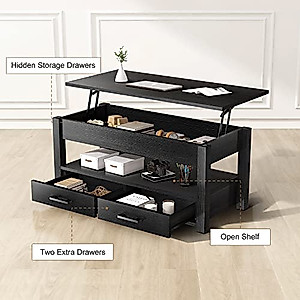 FABATO 41.7'' Lift Top Coffee Table with 2 Storage Drawer Hidden Compartment Open Storage Shelf for Living Room Folding Wood End Table (Black)