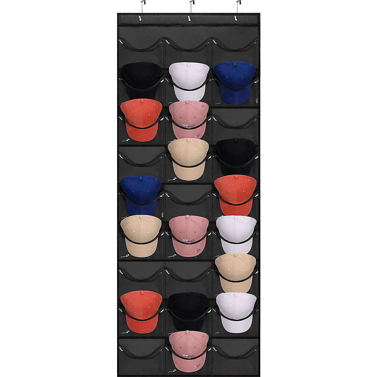 Tiblue Hat Rack for Baseball Caps, 27 Pockets Organizer, Hanging Over the Door Storage Closet Wall with Large Clear & 3 Hooks Holder Hanger for Sport