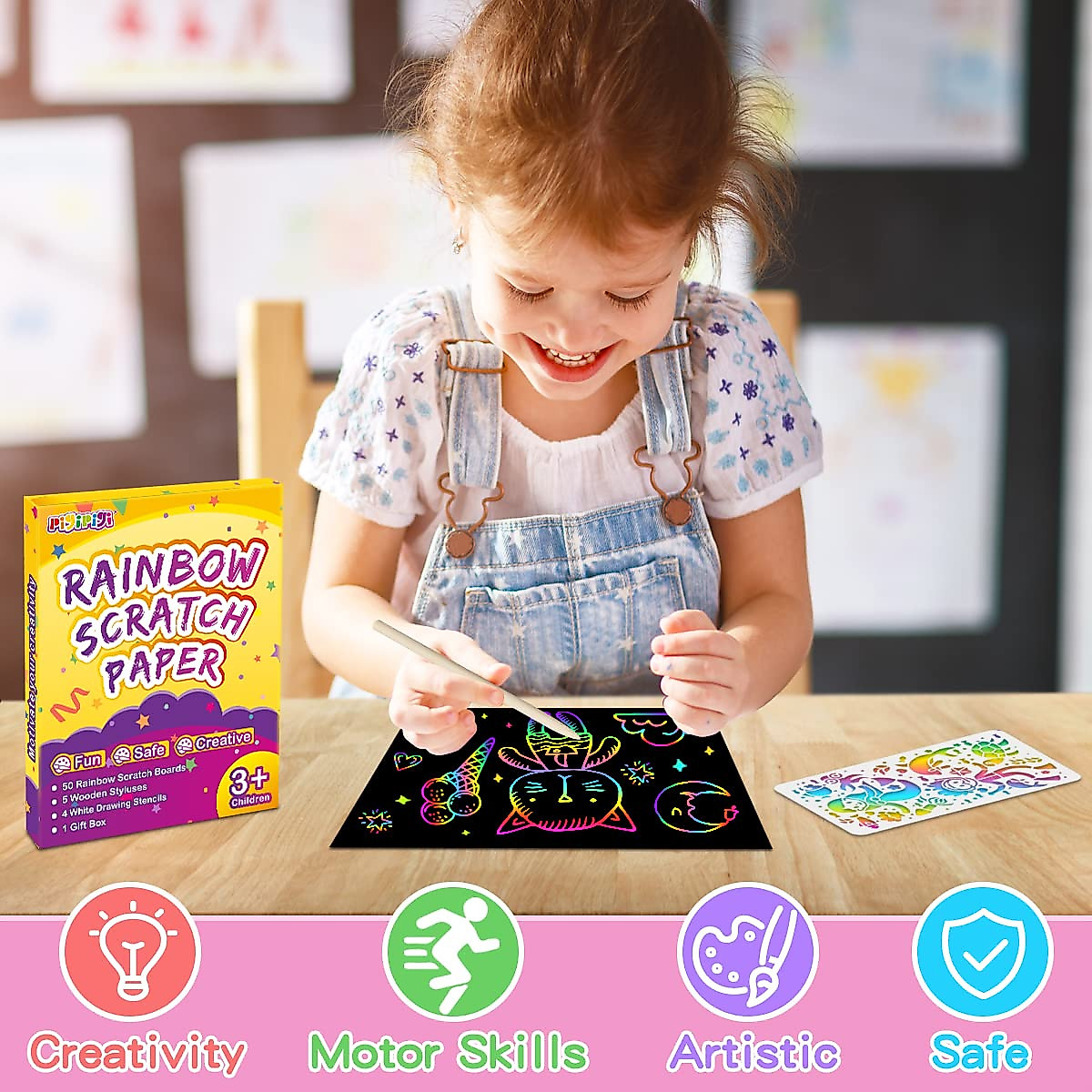 pigipigi Scratch Paper Art for Kids - 60 Pcs Rainbow Magic Scratch Off Art Crafts Set Supply Drawing Note Kit for Girls Boys Toddler Party Favor Activity Game Birthday Christmas Easter Toy Gift