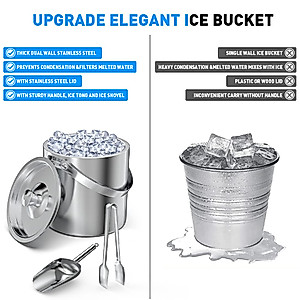 3L Double Wall Stainless Steel Ice Bucket with Lid,Scoop,Tongs, Insulated Ice Bucket for Cocktail Bar and Parties