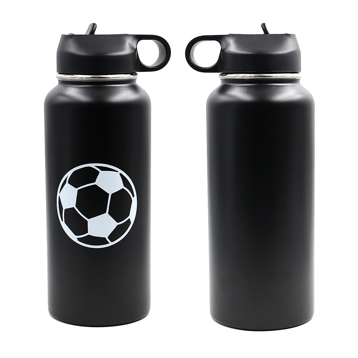 32oz Soccer Water Bottle, Wide Mouth Sports Flask with 2 Lids Straw Lid and Flex Cap, Stainless Steel Double Wall Vacuum Leak Proof Insulated Sports Water Bottles (32oz, Soccer)