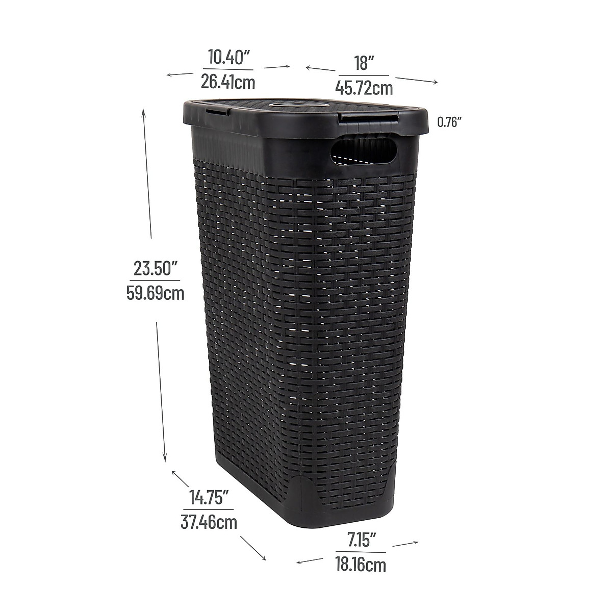 Mind Reader 40L Slim Laundry Hamper, Clothes Basket, Lid, Wicker Design, Plastic, 18"L x 10.4"W x 23.5"H, Black