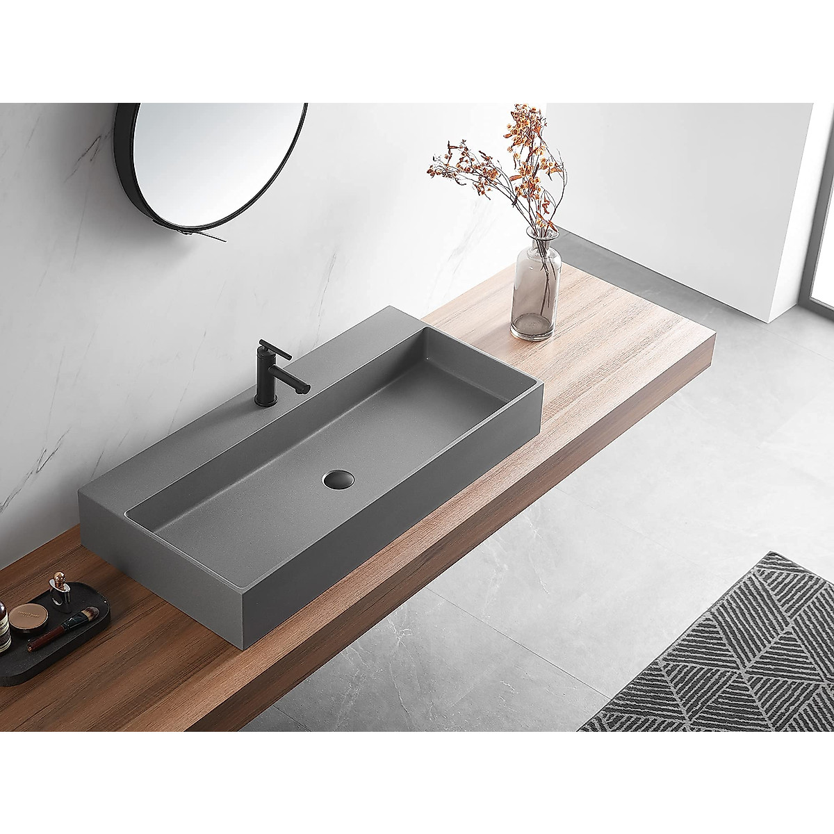 Serene Valley Bathroom Sink, Wall-Mount Install or On Countertop, 40" with Single Faucet Hole, Premium Granite Material in Matte Gray