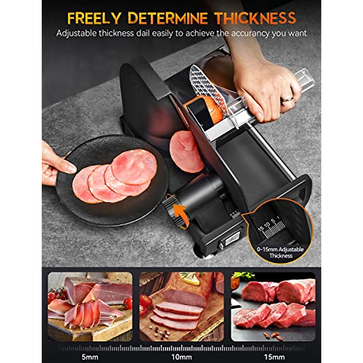 MIDONE Meat Slicer 200W Electric Deli Food Slicer with Two Removable 7.5’’ Stainless Steel Blade, Adjustable Thickness for Home Use, Child Lock Protection, Black