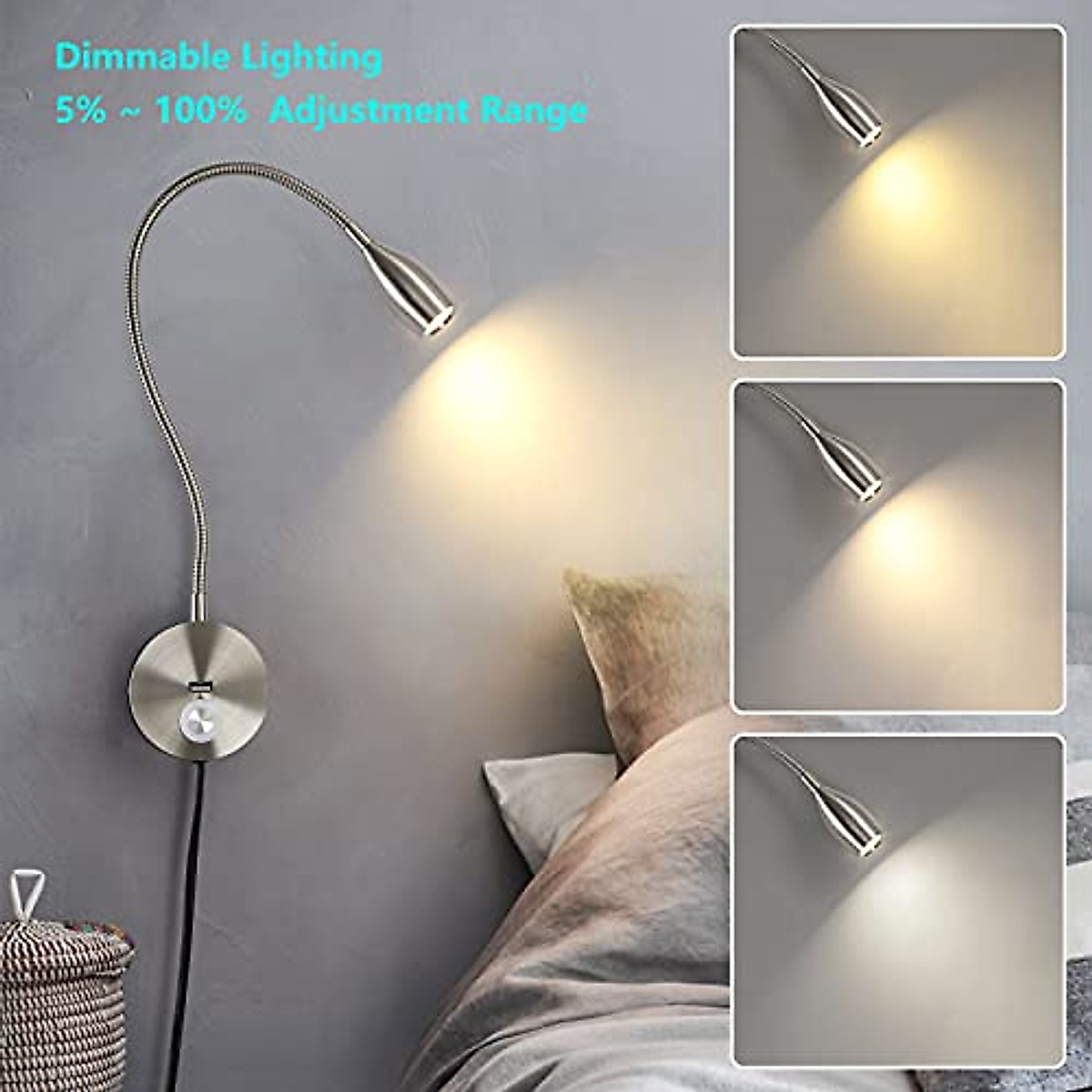 CRISETEK Touch Switch Dimmable Reading Light Reading Light Wall Mounted Reading Light headboard Reading Light Task Directional LED Gooseneck Light 120V Plug in Powered 3W (Brushed Nickel, Warm White)