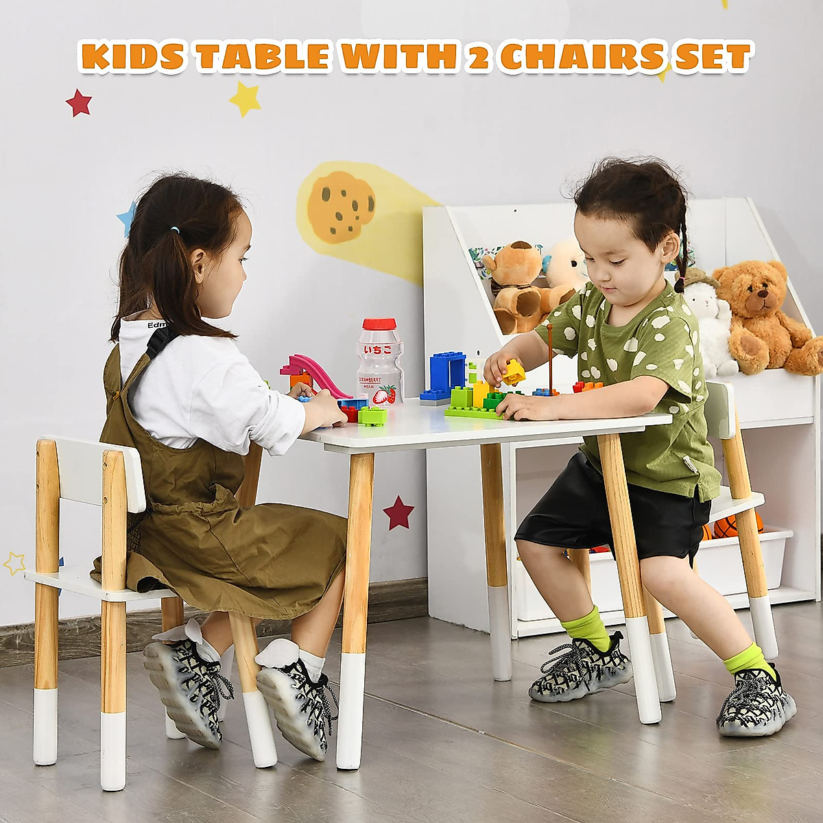 HONEY JOY Kids Table and Chair Set, Wooden Children Activity Table and 2 Chairs Set for Art, Craft & Snack Time, 3-Piece Toddler Furniture Set for Daycare & Playroom, Gift for Boys Girls (Light White)