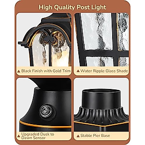 EDISHINE Dusk to Dawn Outdoor Post Light with Pier Mount Base, Black Roman Waterproof Pole Lantern Fixture, Water Ripple Glass Exterior Lamp Post Light for Driverway, Patio, Pathway