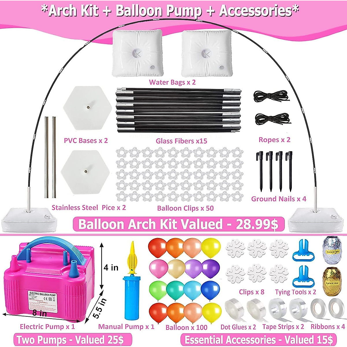 Balloon Arch Kit and Balloon Pump, 9Ft Tall & 10Ft Wide Adjustable Balloon Arch Stand with Water Base, Balloons Tying Tools and Other Accessories for Wedding Birthday Party Decoration