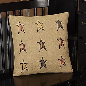 VHC Brands Stratton Applique Star Pillow 16x16 Country Primitive Bedding Accessory, Tan and Red-Orange