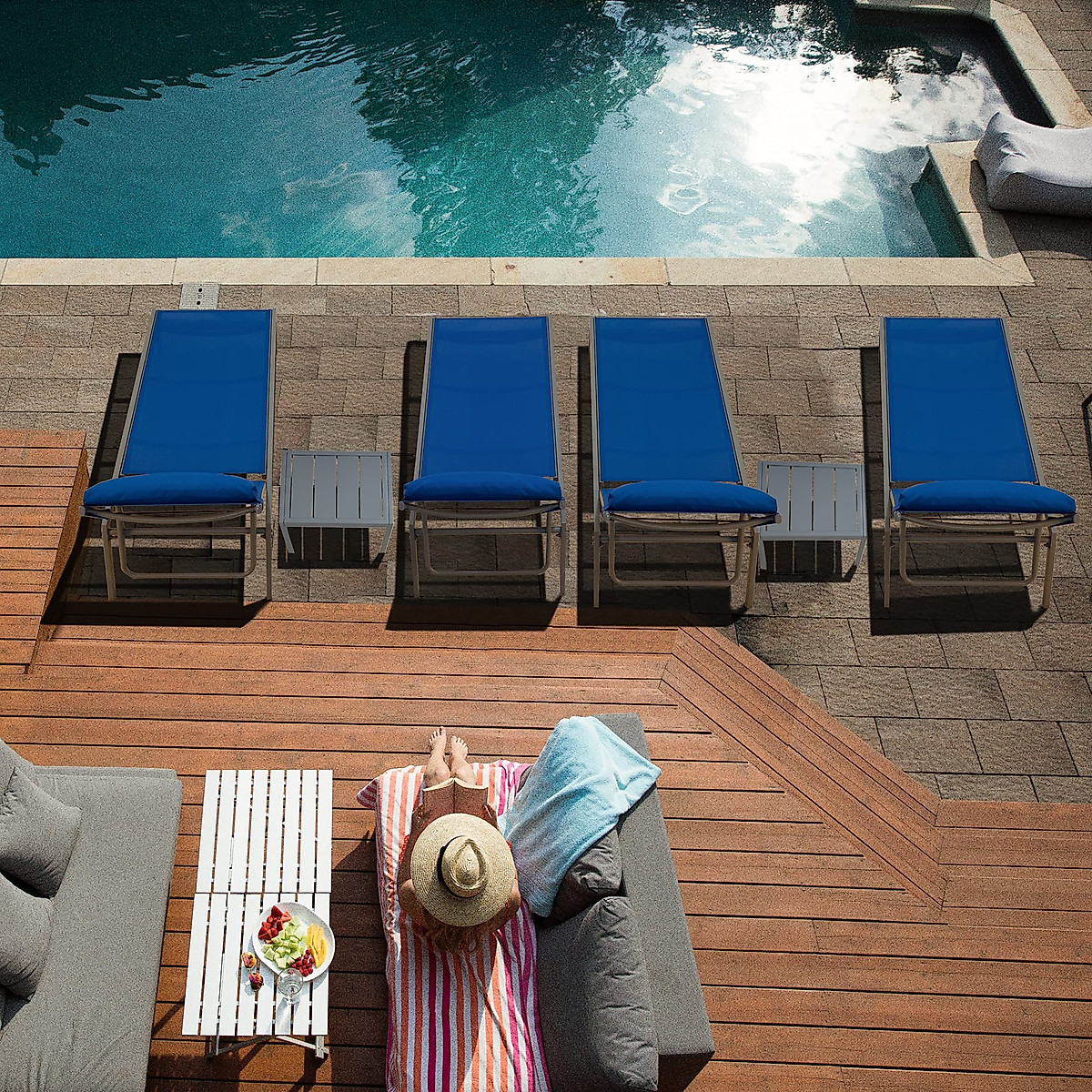 Kozyard Wilson 3 Pieces Textilene Chaise Lounge Set with Side Table Outdoor,Adjustable Back & Pillow for Yard,Garden,Sunbathing (2 Pack) (Blue W/Table)