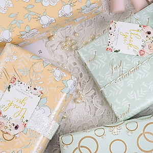 WRAPAHOLIC Wedding Theme Wrapping Paper Roll - Diamond Ring and Floral Design Printed on Pearlized Paper, Perfect for Celebration, Party Present Packing - 4 Rolls - 30 inch X 120 inch Per Roll