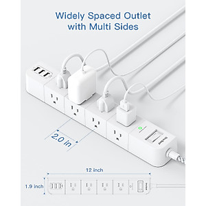 Power Strip Surge Protector with USB Ports and 8 Widely Outlets, 5Ft Extension Cord with Flat Plug, 3 Sided Wall Outlets Extender USB Desktop Charging Station for Home Office Travel, 900J, ETL