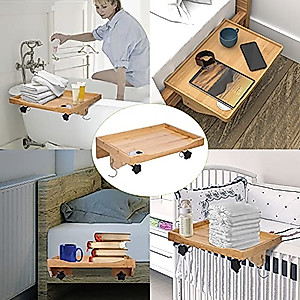 HTTYYX Bamboo Bedside Shelf for Bed – with 2pc S Hooks & Cable Management - Floating Nightstand for Student – Bunk Bed Shelf for Top Bunk – Kids Nightstand for Bedroom (Bamboo, Original Wood Color)