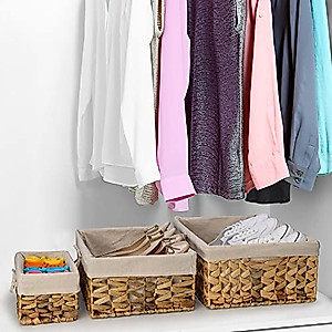 Natural Hyacinth Wicker Storage Baskets, Set Of 3 Hand Woven Water Hyacinth Baskets for Living Room, Organizing Decorative, Woven Basket Organizer Bins with Detachable Lining, Large Medium Small