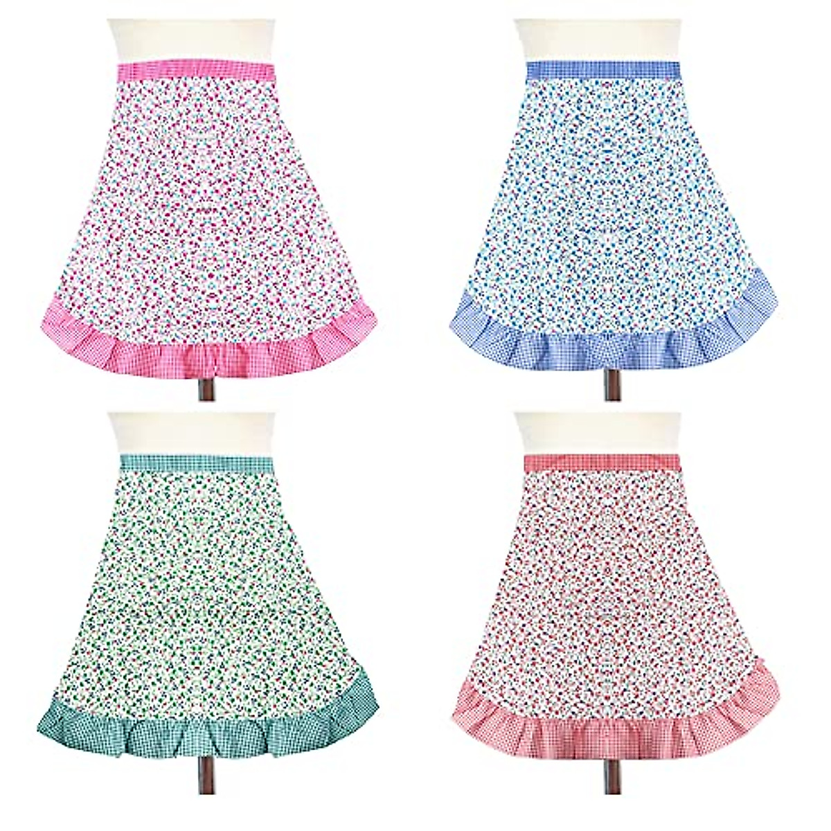 CheeseandU 4Pack Short Waist Kitchen Aprons Vintage Ruffle Side Grid Flower Design Half Waist Bib with Pocsket for Women Cooking Chef Kitchen Home Restaurant Bib Aprons Dress Gift