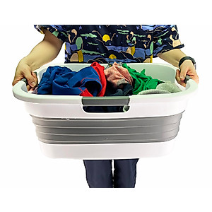 SAMMART 30L (7.9 gallon) Collapsible Plastic Laundry Basket - Foldable Pop Up Storage Container/Organizer - Portable Washing Tub - Space Saving Hamper/Basket (2, White/Steel Grey)