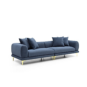 JUSTONE 102''Sofa Couch for Living Room, Modern Mid-Century 4 Seater Sofa with 4 Pillows, Upholstered Couch with Metal Wood Legs for Living Room, Bedroom and Lounge,Apartment Office - Blue