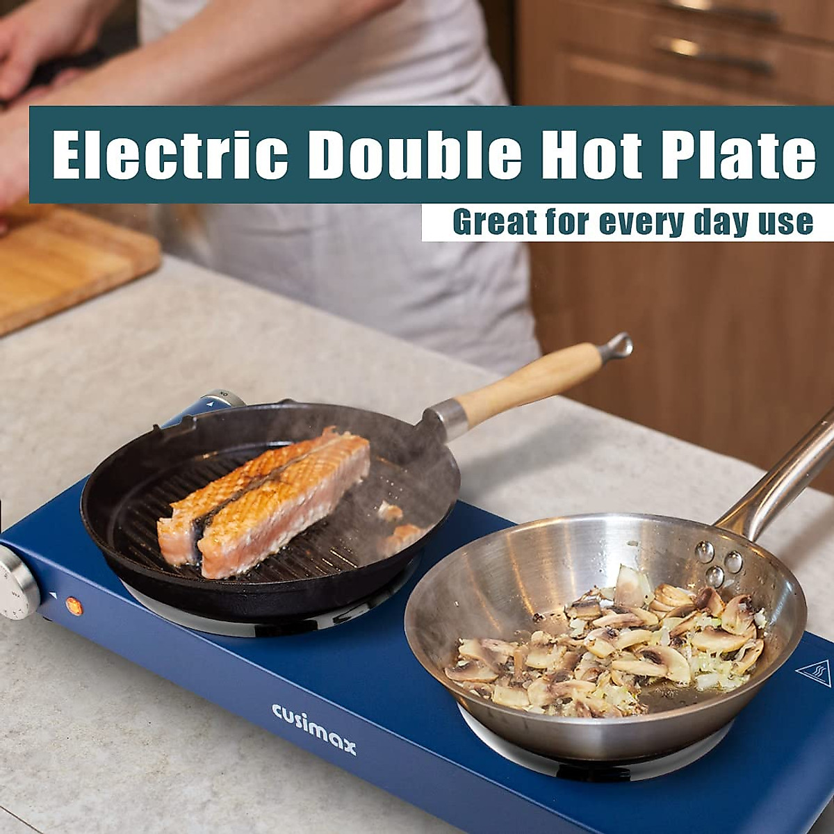 Hot Plate, CUSIMAX Double Burner, 1800W Electric Cooktop, Cast Iron Hot Plate for Cooking, Portable Electric Stove, Stainless Steel Countertop Burner, Easy to Clean, Blue