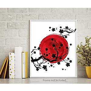 Cherry Blossom Wall Art Poster - Unframed 8x10 in - Beautiful Decorations Posters for Living Room - Pictures with Floral Pattern for Bedroom Decor - Black & White & Red Pics for Woman