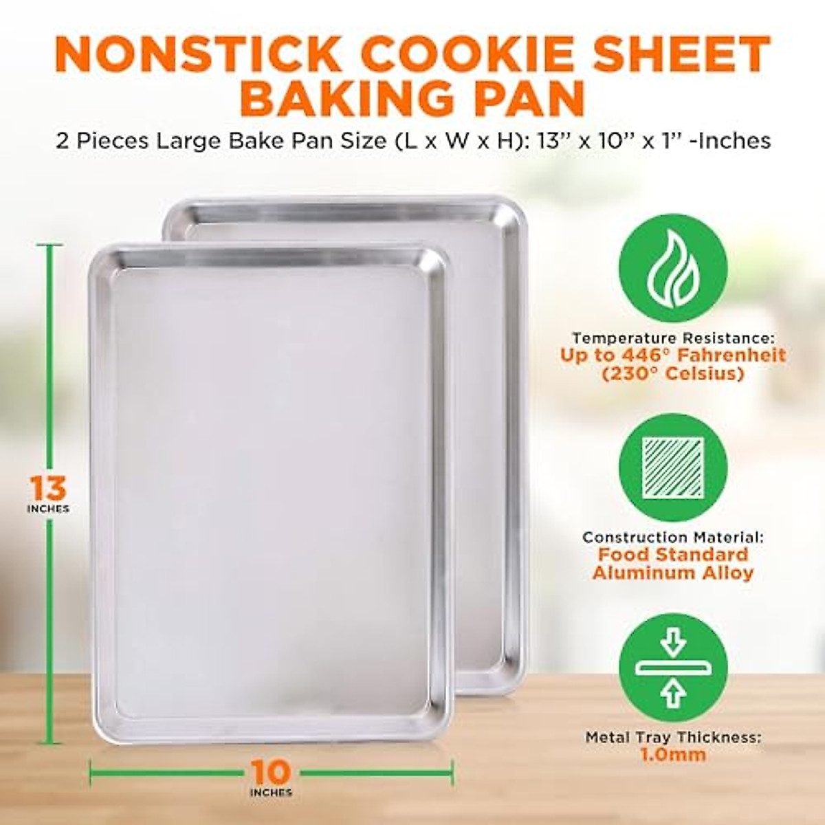 NutriChef Non Stick Baking Sheets, Cookie Pan Aluminum Bakeware, Professional Quality Kitchen Cooking Non-Stick Bake Trays with Silver Coating Inside and Outside, 1 Pair of Pans