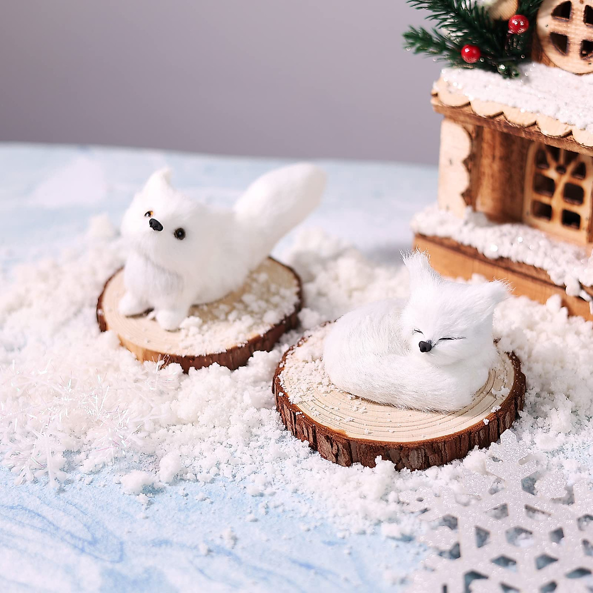 Simulation Fox Toy 2 Piece Fur Fox Model Stuffed Fox Ornament Static Action Figures Fox Squatting Sleeping Plush Mini Fox for Home Office Bag Decoration 5.5 x 2.76 Inch, 3.15 x 2.36 Inch (White)