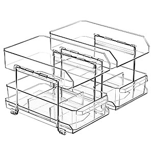 Simetufy 2 Tier Clear Organizer with Dividers, Multi-Purpose Slide-Out Bathroom Vanity Countertop Closet Organization, Under Sink Organizers and Storage, Kitchen Pantry Medicine Cabinet Bins, 2 Pack