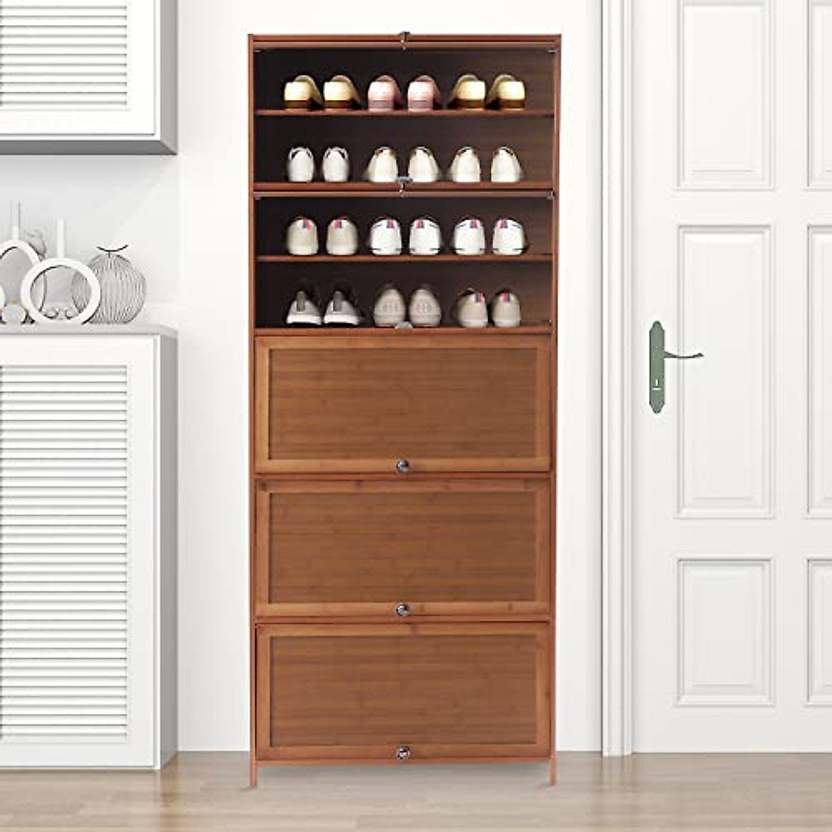Hteedy 67 inch 10-Tier Bamboo Shoe Rack Cabinet Wooden Shelf Stand Storage Book Shelf Organizer Entryway Bamboo [Magnetic FLIP-UP Door] 30 Pair Shoe Storage Cabinet