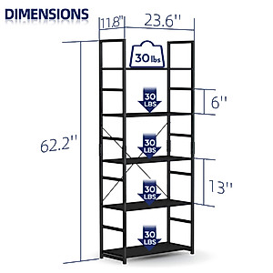 NUMENN 5 Tier Bookshelf, Tall Bookcase Shelf Storage Organizer, Modern Book Shelf for Bedroom, Living Room and Home Office, Black
