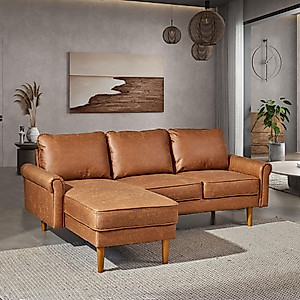 Weaxty 81.55" Sofa Couch, L Shaped Faux Leather Sectional with Chaise Suede Fabric Couch Sofas with Comfortable Cushions for Small Space Living Room Apartment, Left Chaise Brown