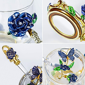 Glass Tea Cup with Lids, 2 Pack Blue Rose Butterfly Lead-Free Handmade Coffee Mug Tea Cup with Flower Spoon, Great for Women Wife Mom Grandma Gifts Girls Friends Birthday Valentine's Day