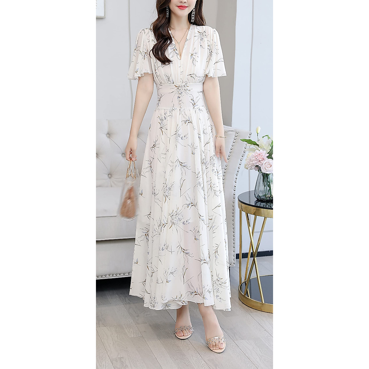 LAI MENG FIVE CATS Women's Elegant Floral Print Button up Casual A-line Flowy Maxi Dress