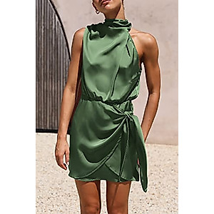 PRETTYGARDEN Women's Short Formal Satin Dress 2023 Summer Sleeveless Mock Neck Tie Waist Cocktail Party Dresses (Army Green,Small)