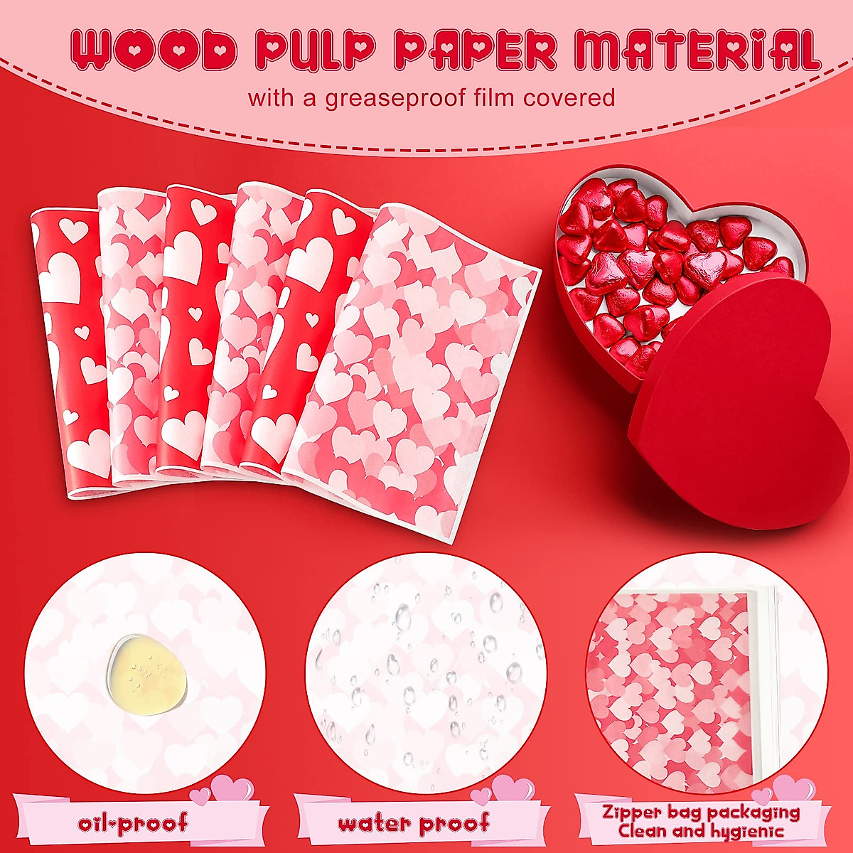 150 Pieces Wax Paper Valentine's Day Food Wrap Paper Heart Sandwich Wrapping Paper Greaseproof Wrapping Paper for Valentine's Day Chocolate Candy Cookies Baking Food Basket Liner Party Supplies
