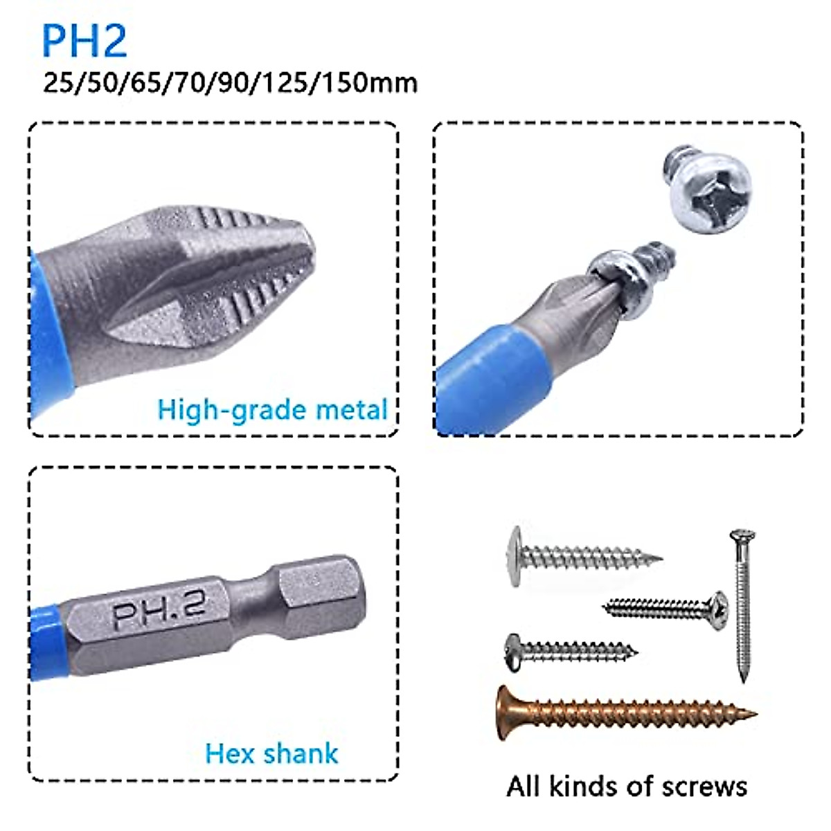 Magnetic PH2 Drill Bits Set, Anti Slip Screw Extractor and Magnetic Screwdriver Bit Set, Hand Tool 7Pcs, Cross Single and Double Head Bits, Electric Screw Nozzle Taper Corrector (1 kit)