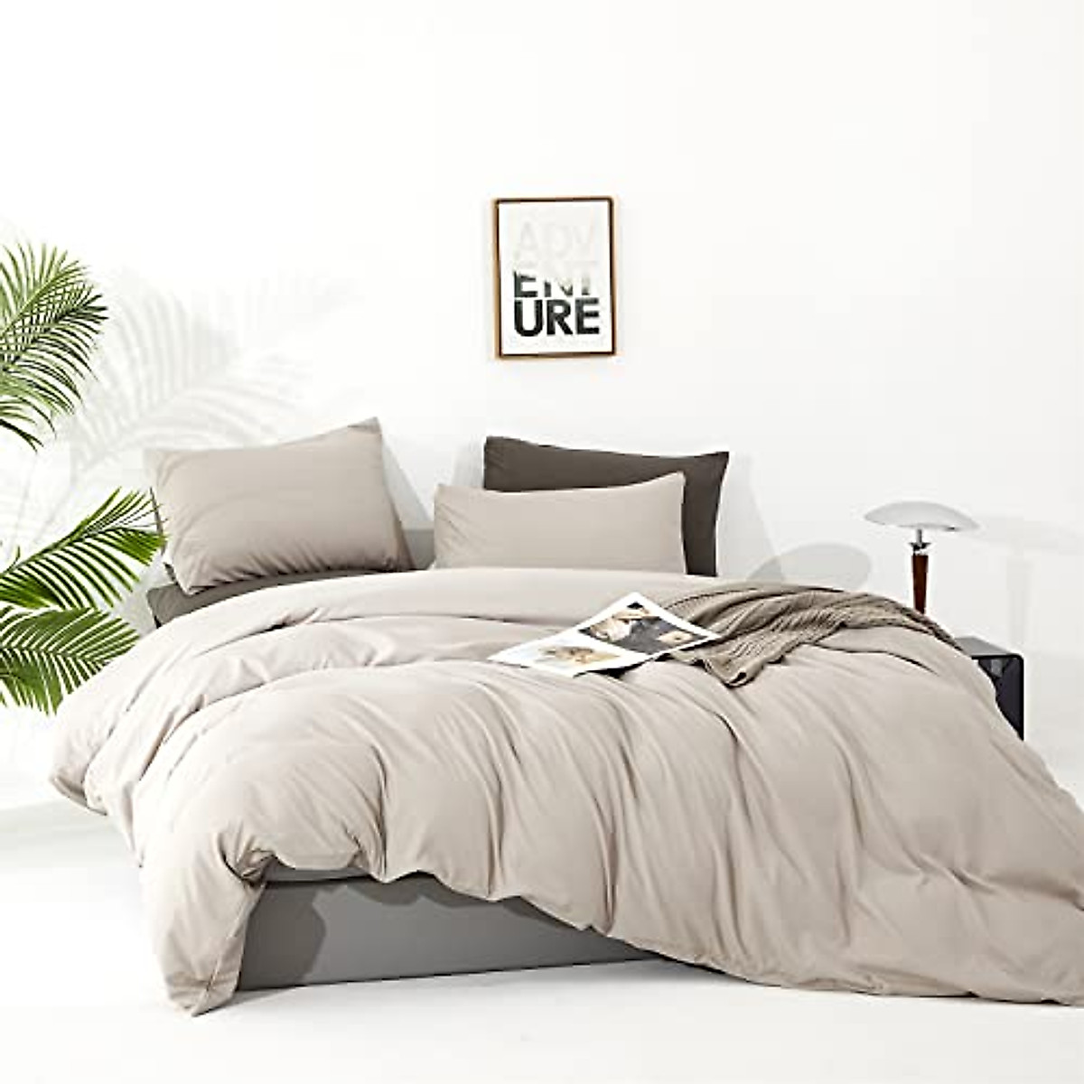 Luxlovery Beige Khaki Comforter Cal King Cream Khaki Bedding Comforter Set California King Minimalist Bedding Set Solid Beige Coffee Cotton Blanket Quilts Soft Breathable Cream Taupe Comforter Set