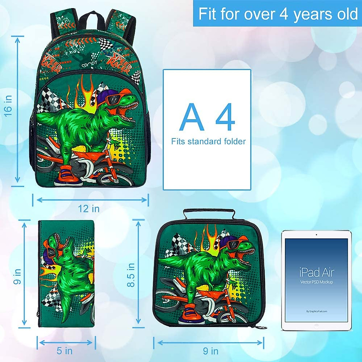 UFNDC 3PCS Dinosaur Backpack for Boys, Kids Preschool Bookbag with Lunch Box, 16”School Bag for Elementary Toddler