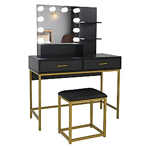 INXXCOROO Style Vanity Set with Lighted Mirror - Black Makeup Dresser with Stool