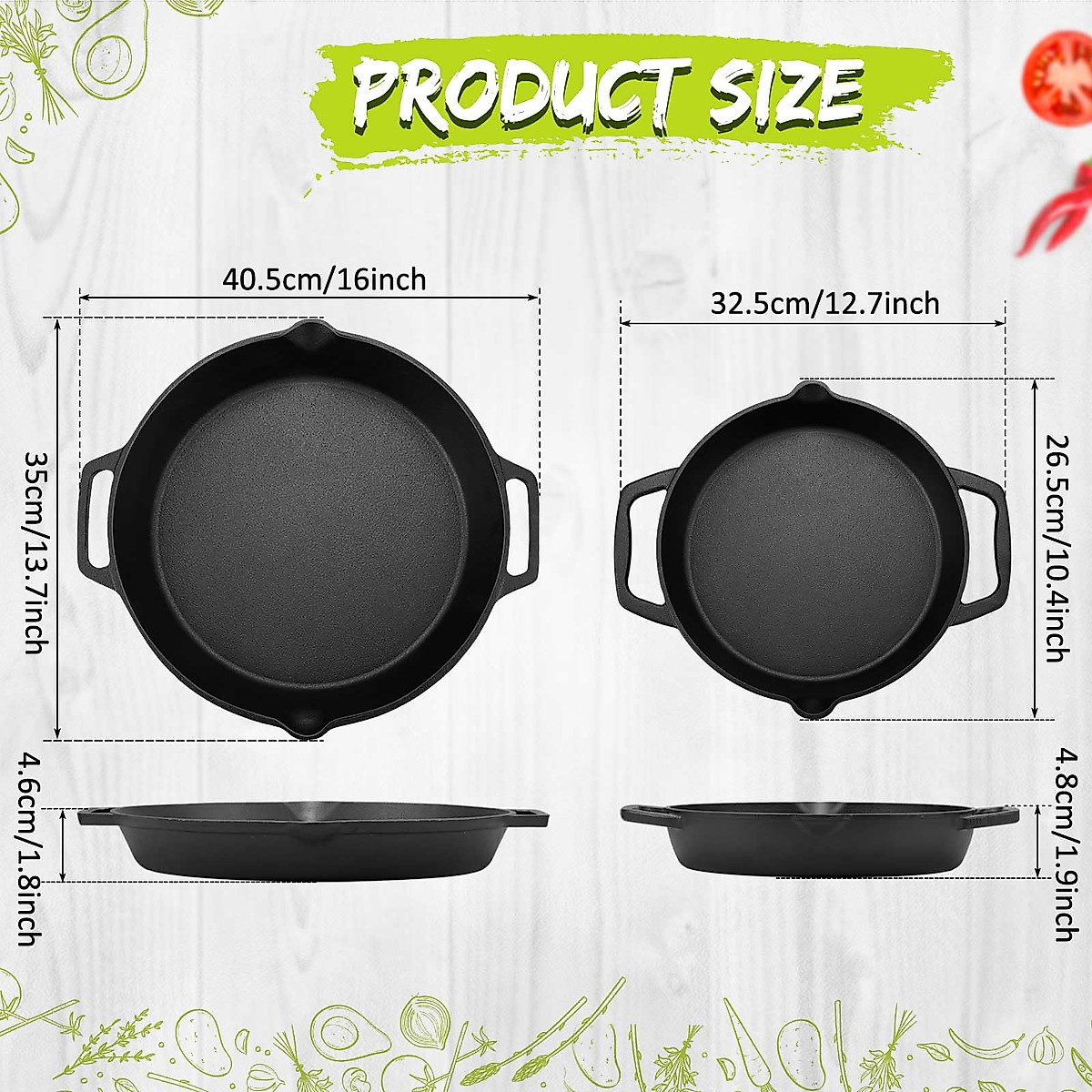 Sunnychicc 2 Pcs Cast Iron Skillets Set 12 Inch, 14 Inch Cast Iron Pan Pre Seasoned Wok Black Grilling Wok with Dual Handles and Double Pouring Spout